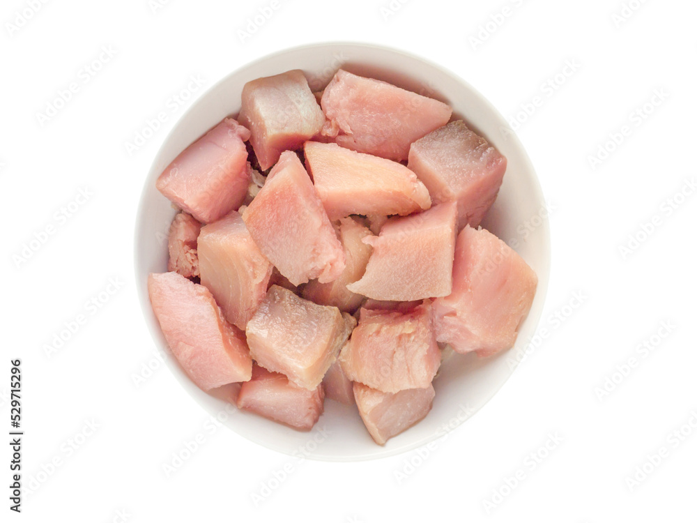 Albacore fish pieces prepared for marmitaco soup cooking in the bowl ...
