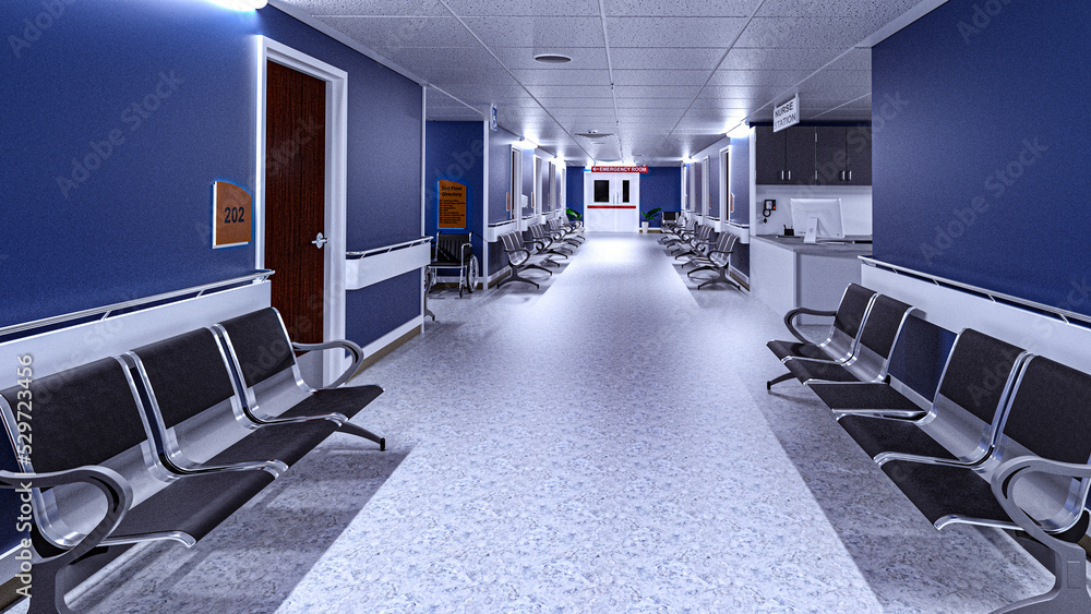 hospital hallway waiting room and nurses station. Background ...