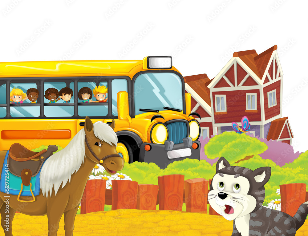 cartoon scene with children on the farm having fun and school bus ...