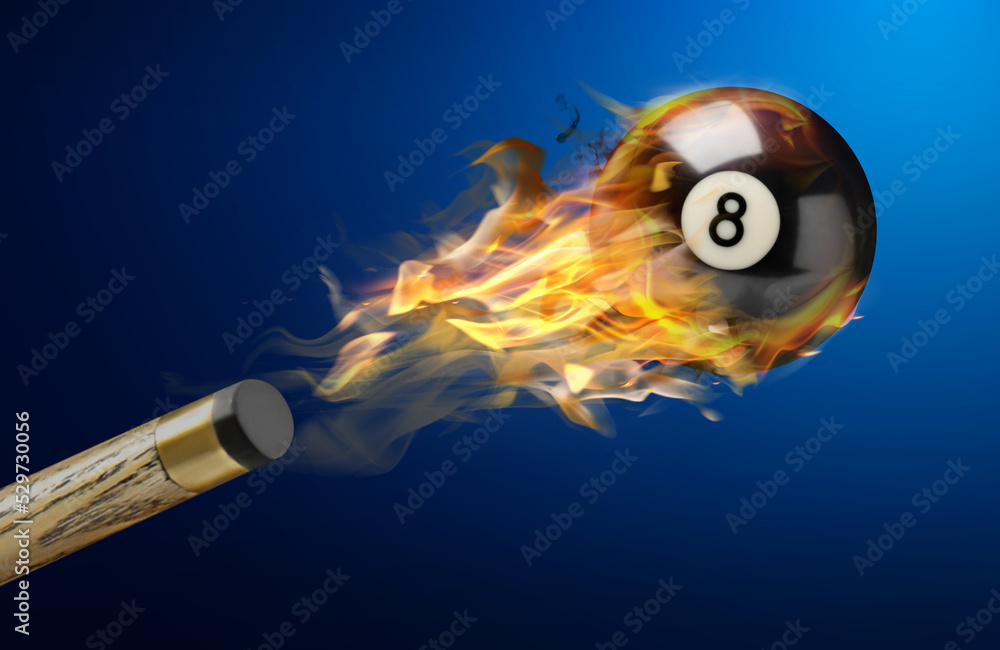 Cue and billiard ball with number 8 in fire flying on color background ...