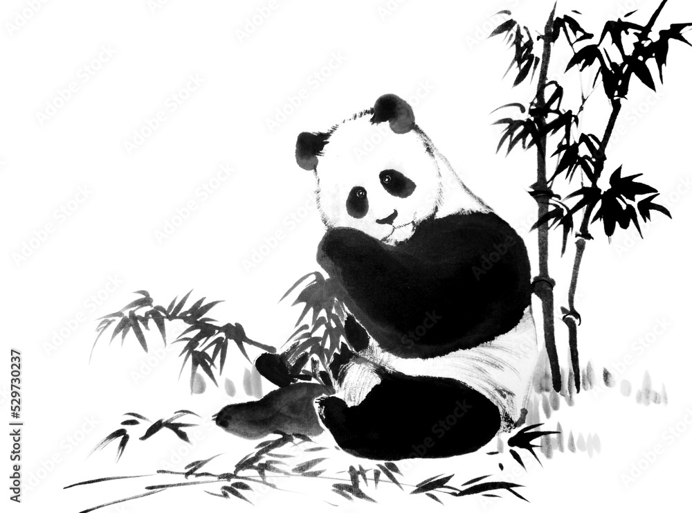 Watercolor illustration of panda with a branch of bamboo. Traditional ...