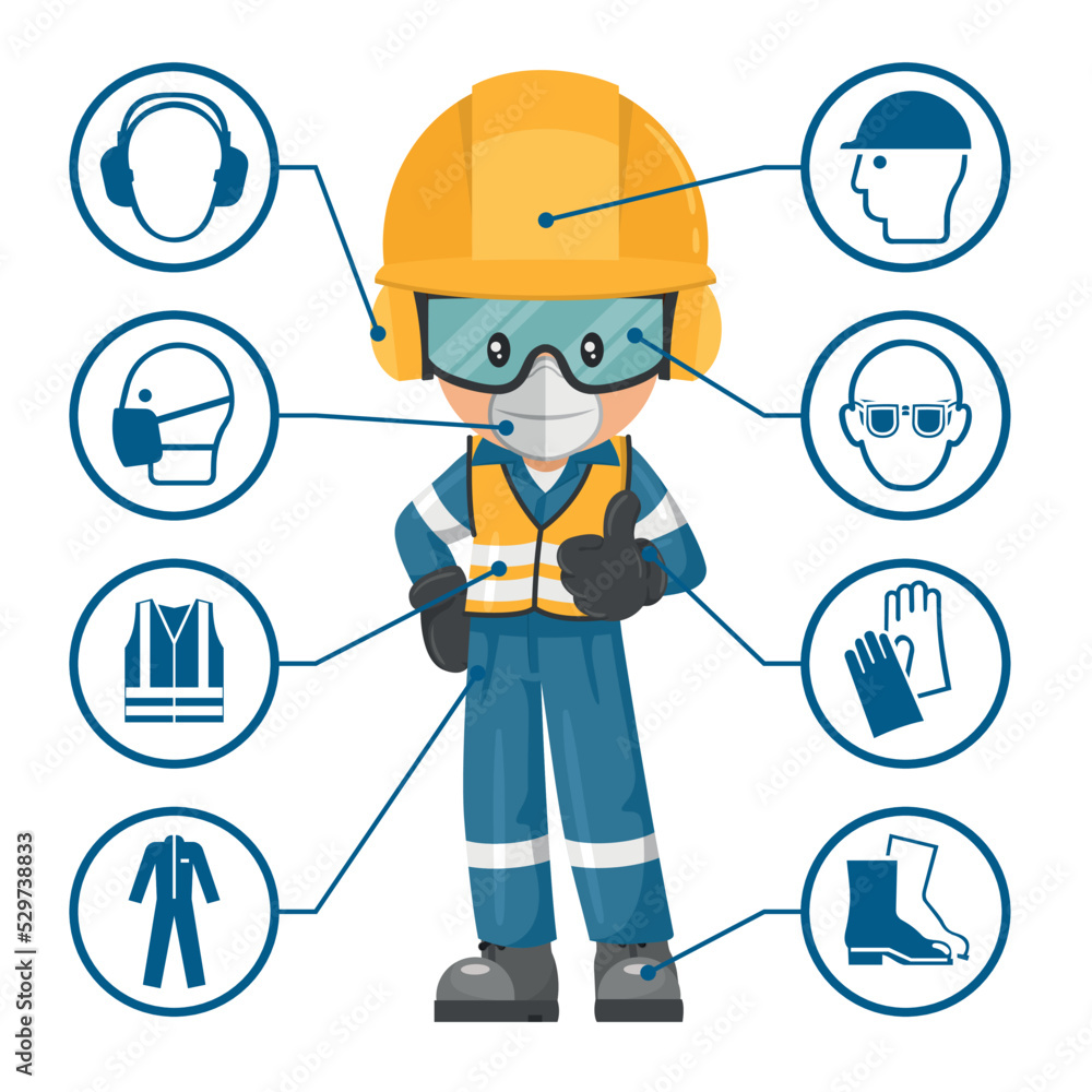 Industrial worker with personal protective equipment and icons, safety ...