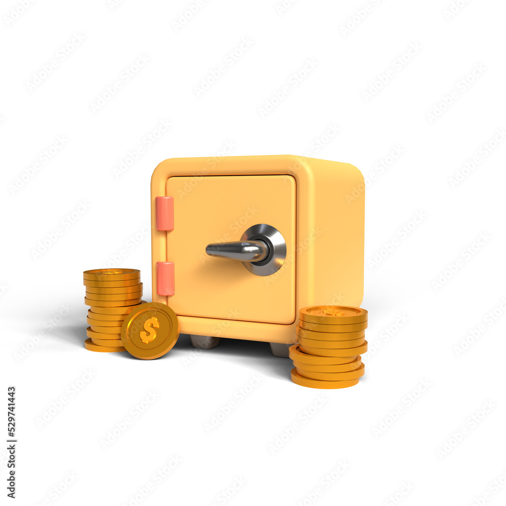 Yellow Safe box with gold coins stack font view on transparent ...