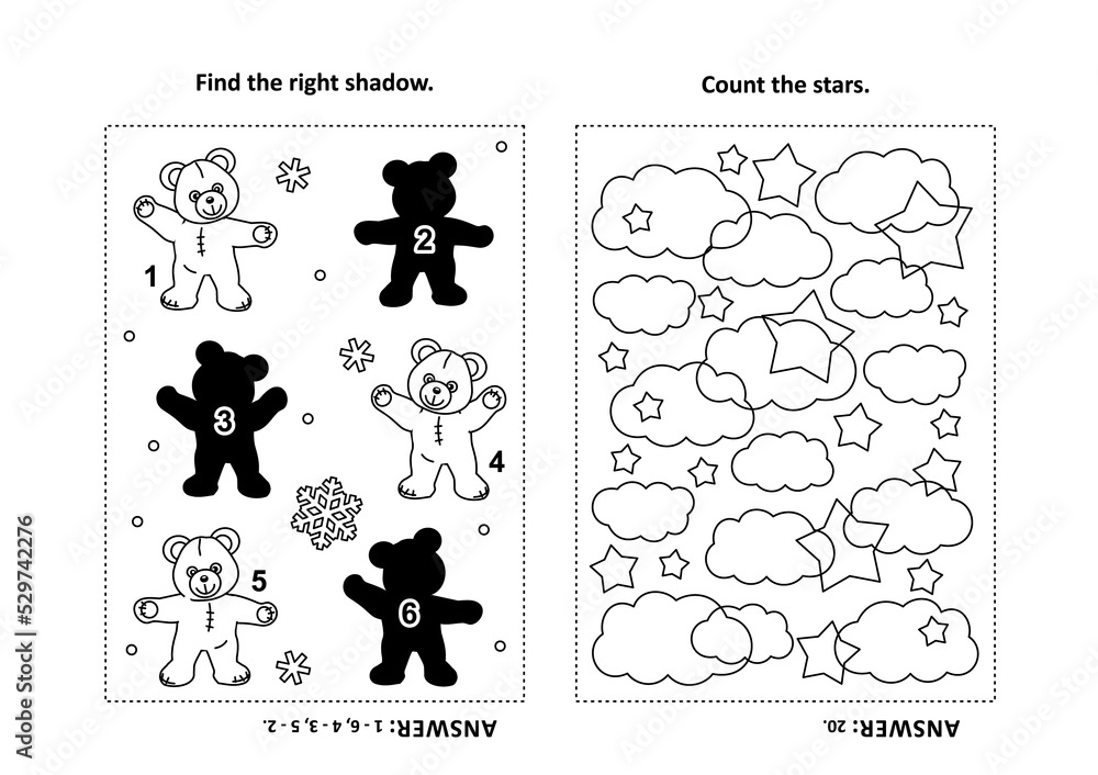 Two visual puzzles and coloring page for kids. Find the shadow for each ...