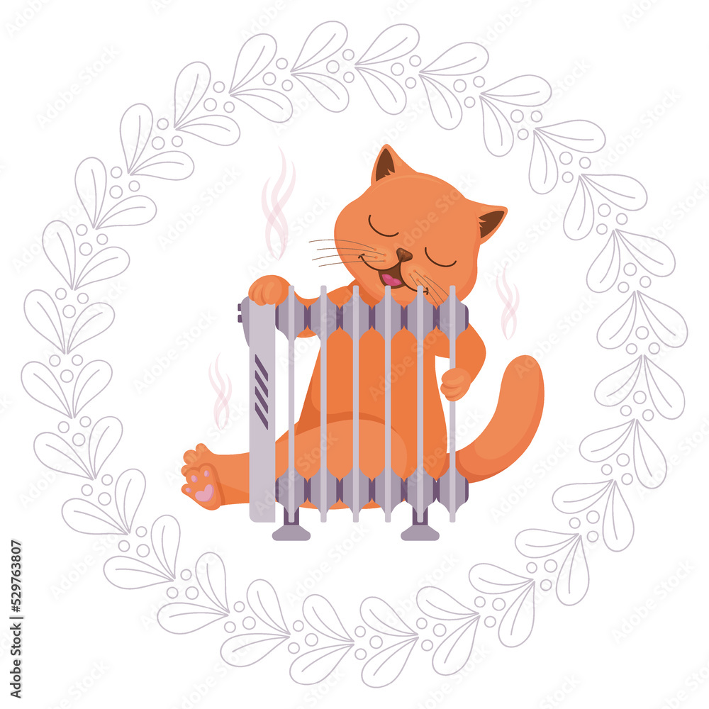 Cat with a battery. Lovely pets warm themselves near the battery ...