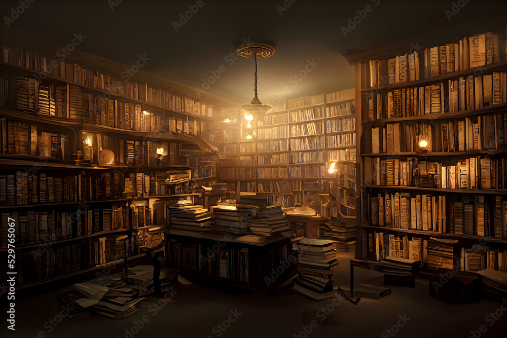 Atmospheric old large library with many books - Concept Art Games Stock ...