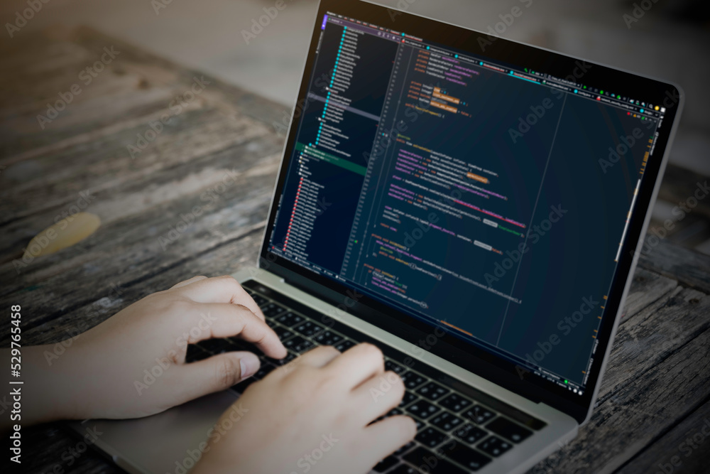 Digital technology, software development, IoT concept. Woman programmer, software developer ...