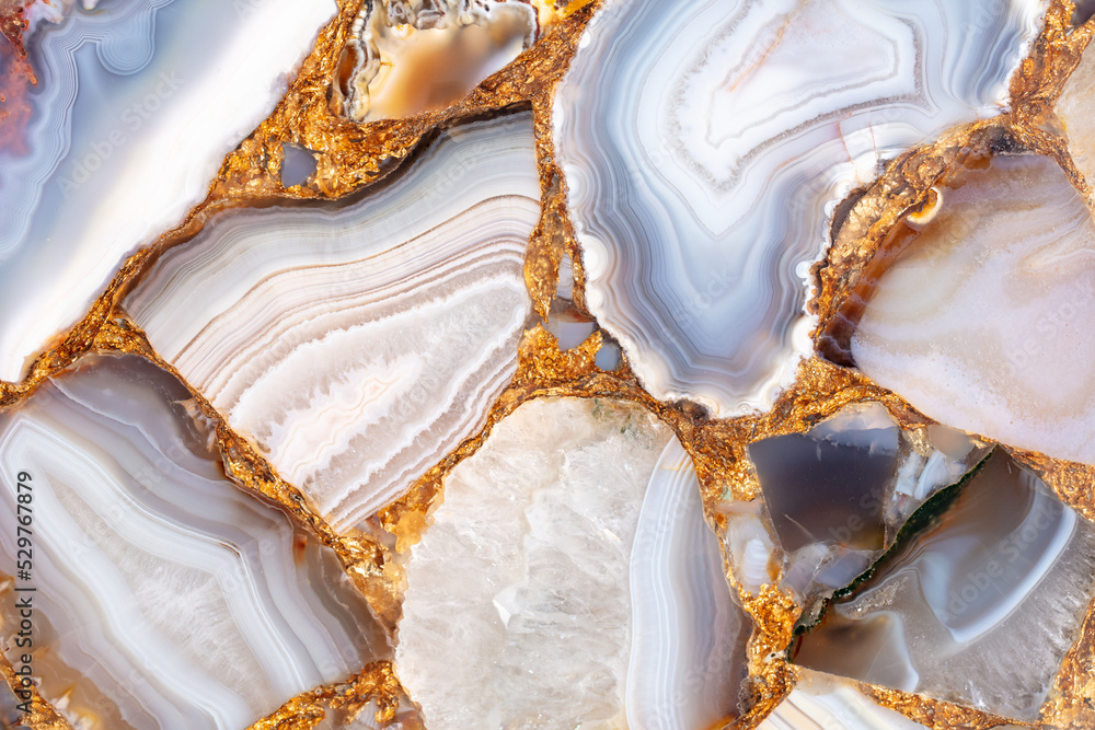 Agate Grey unique semi precious stone with a gold leaf, texture for ...