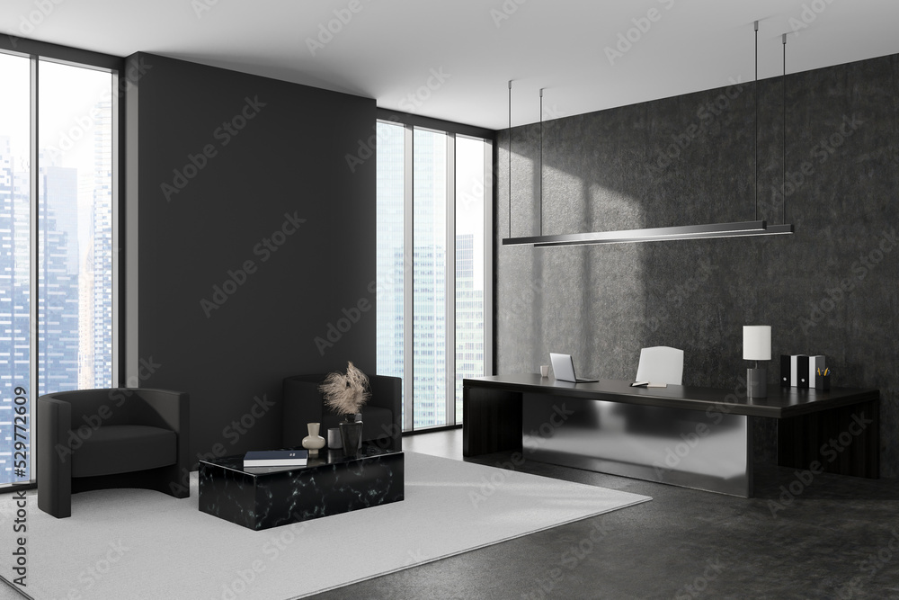 Grey office interior with work desk, lounge zone and window. Mockup ...