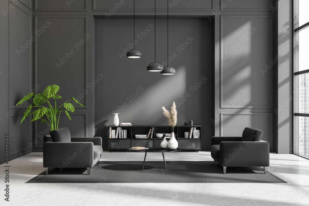Grey meeting room interior with soft chairs and sideboard, panoramic ...