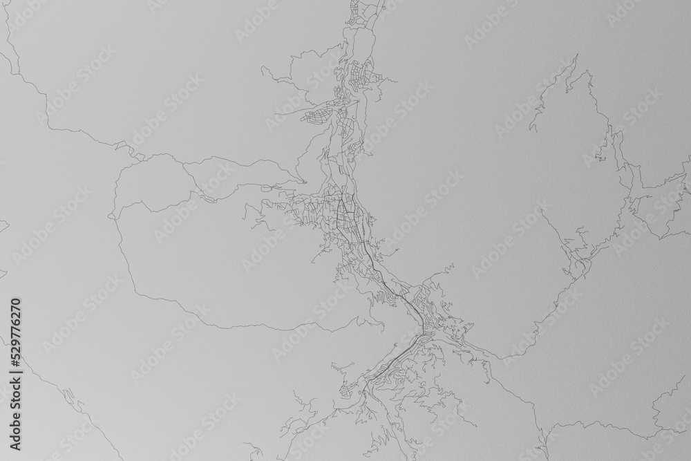 Map of the streets of Thimphu (Bhutan) made with black lines on grey ...