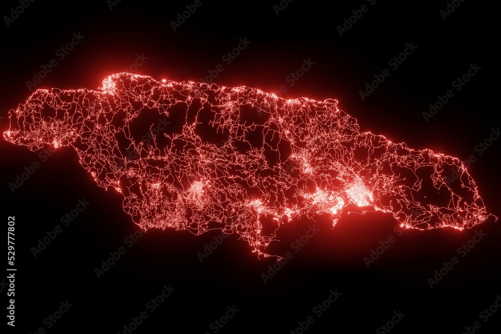 Street map of Jamaica made with red illumination and glow effect. Top ...
