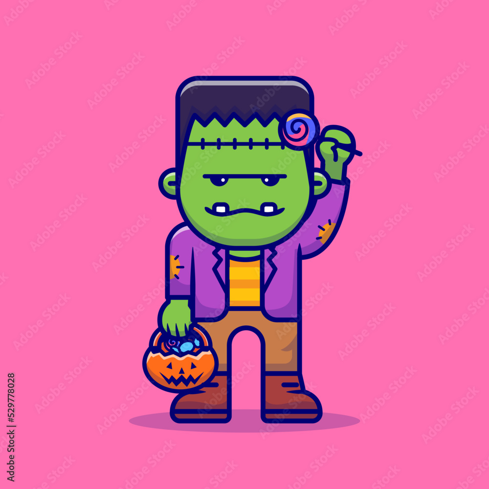 Cute Frankenstein With Candy Lollipop Cartoon Vector Icon Illustration ...