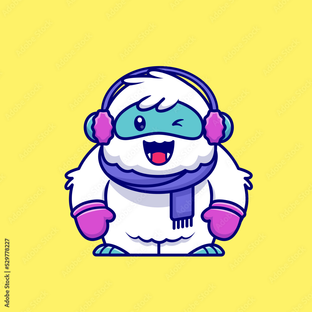 Cute Yeti Wearing Scarf, Glove And Earmuff Cartoon Vector Icon ...