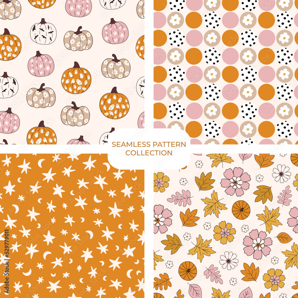 Set of vector floral hand drawn seamless patterns. Cohesive collection ...