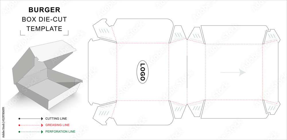 Burger box die cut template with 3D blank vector mockup for food ...