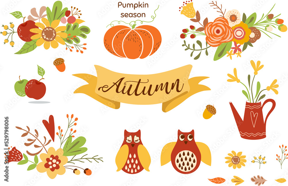 Autumn floral set Cute fall clipart Colorful floral collection with ...