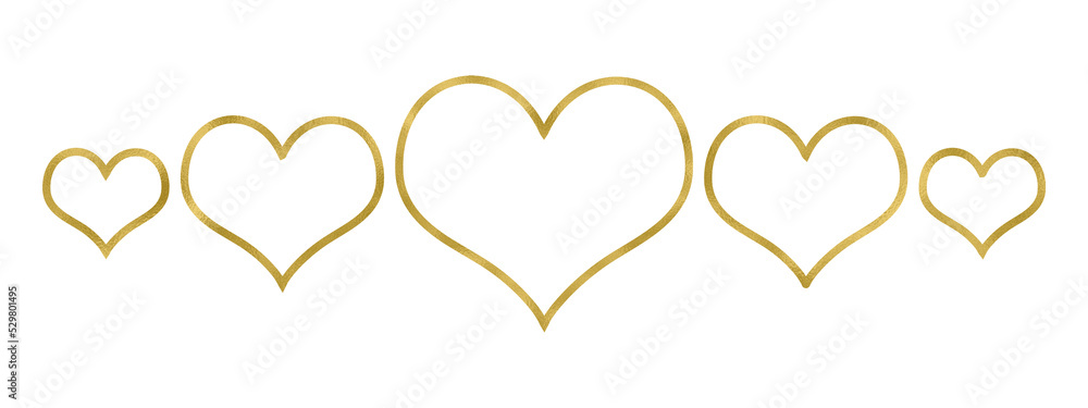 Five golden outline heart shapes in a row. Isolated png illustration ...
