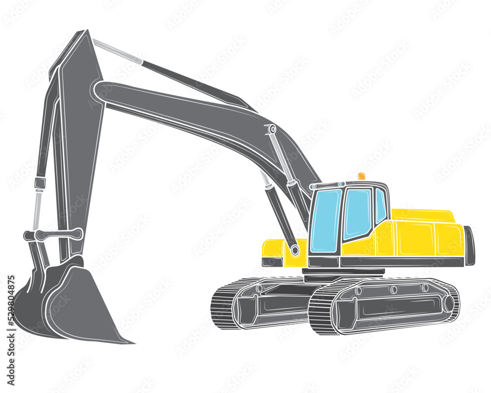 Excavator with a raised bucket in isolate on a white background ...