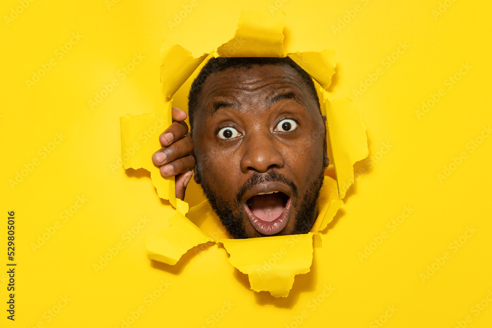 Emotional shocked black man open mouth in surprisement, staring through ...