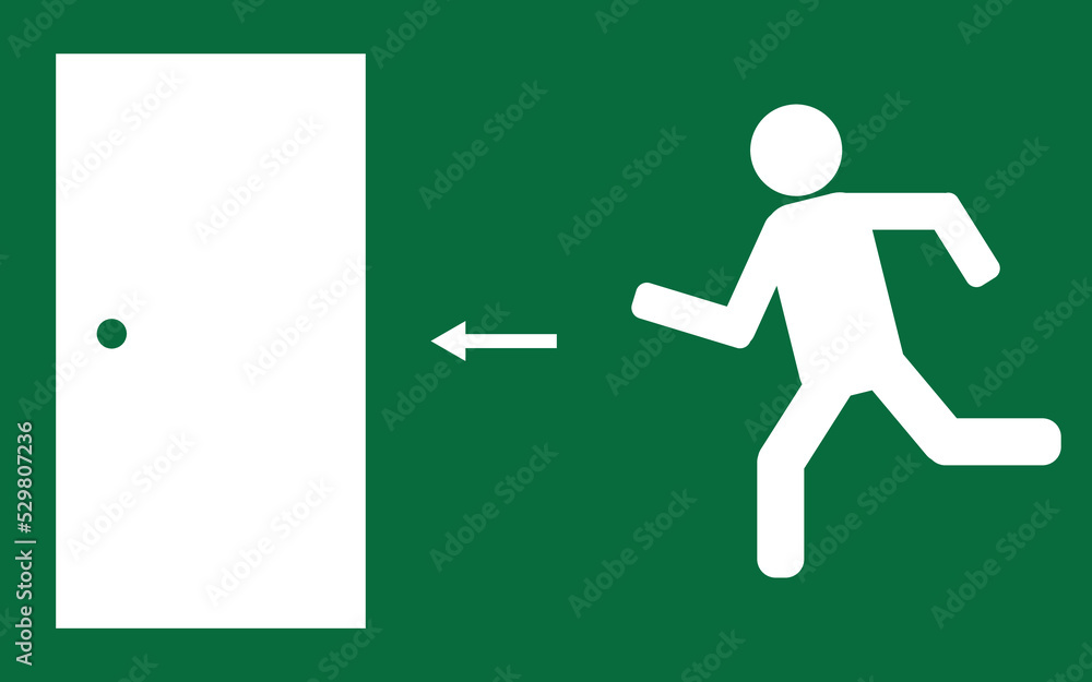 Icon of person running towards the exit door. Green emergency exit door ...
