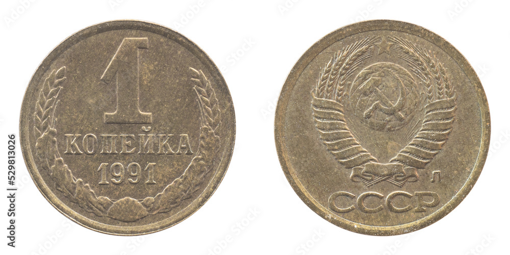 Antique rare Russian Soviet coin with a face value of 1 one kopeck of 1991, inactive collection ...