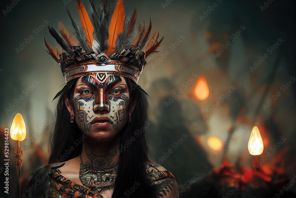 3d illustration of aztec woman warrior with crown of feathers Stock ...