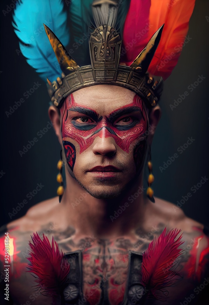 3d illustration of aztec man warrior with crown of feathers Stock ...