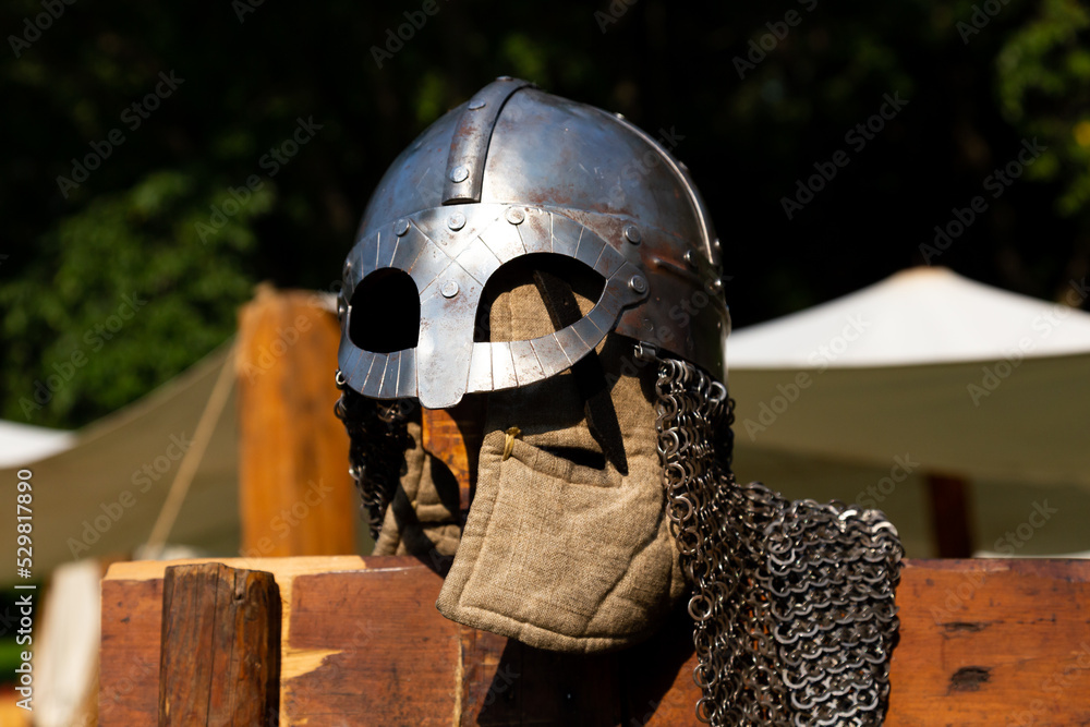Medieval knight metal helmet replica displayed during the Quebec Celtic ...
