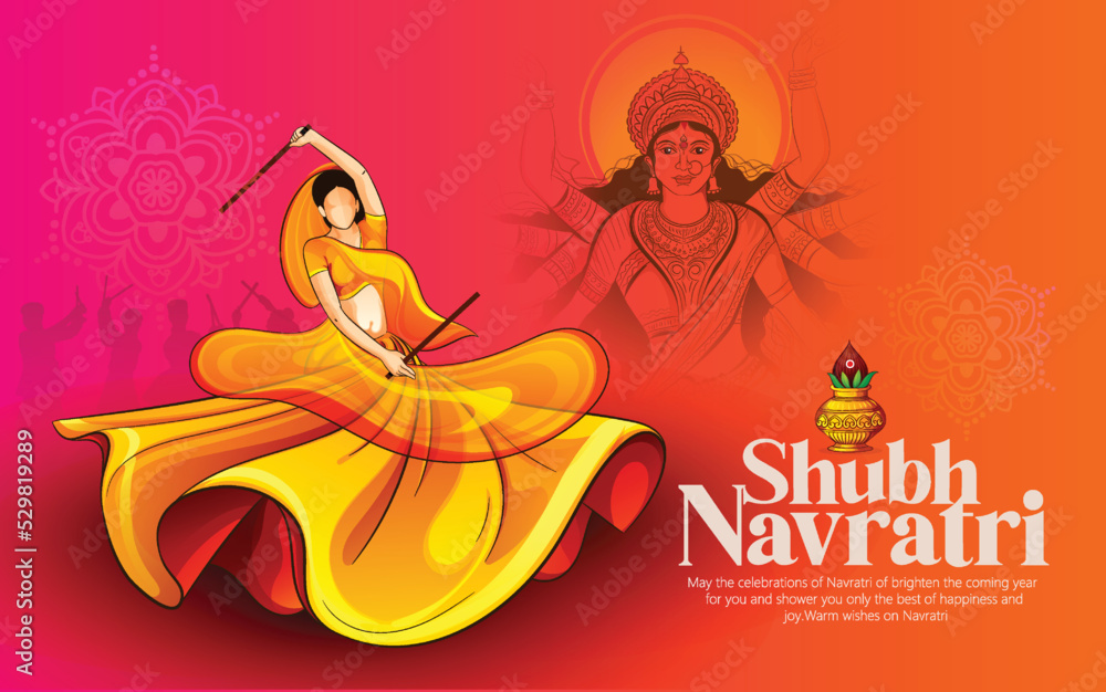 Happy Navratri, illustration of couple playing Dandiya in disco Garba ...