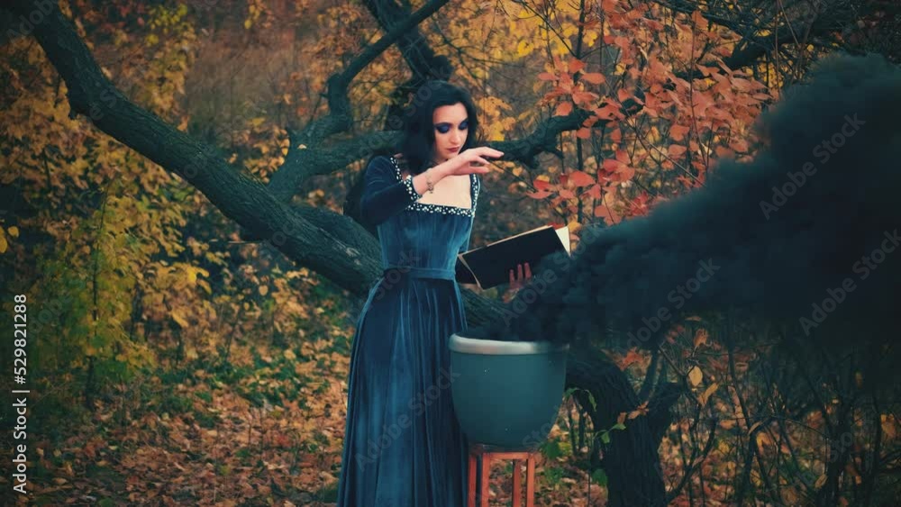 Mystical fantasy woman witch reads spells, antique book, prepares magic ...