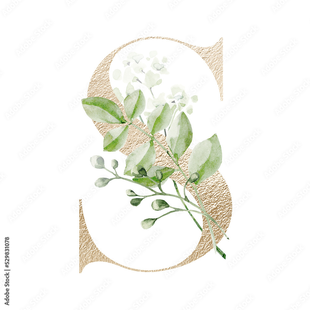 Floral alphabet, letter S with watercolor flowers and leaf. Monogram ...