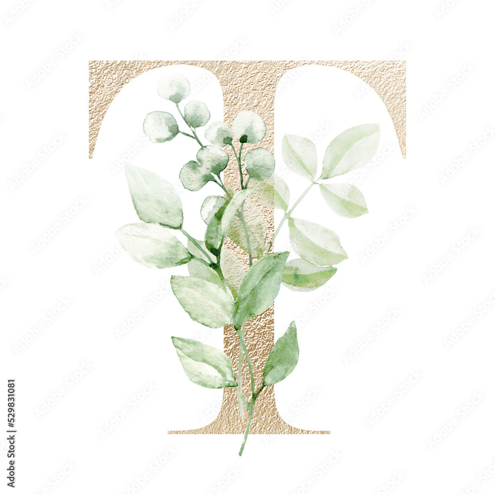 Floral alphabet, letter T with watercolor flowers and leaf. Monogram ...