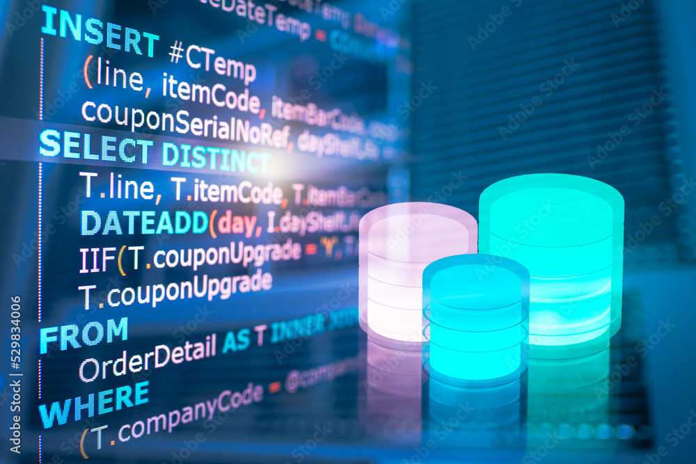SQL (Structured Query Language) code on computer monitor with Database ... SQL (Structured Query Language) code on computer monitor with Database ...