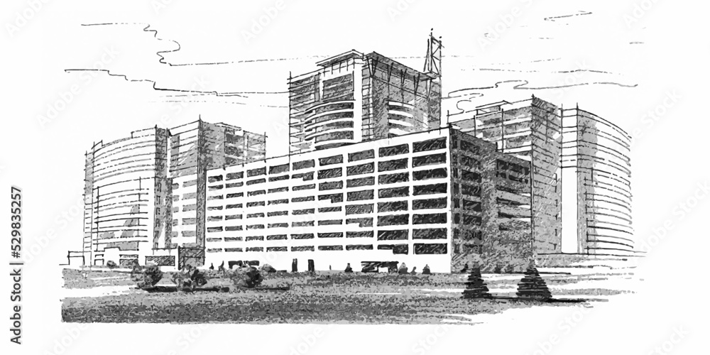 Architectural sketch of a multistory buildings. Freehand pencil drawing ...