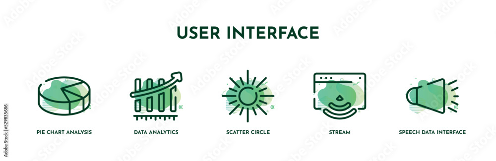 Vecteur Stock set of 5 thin line user interface icons. outline icons including pie chart ...