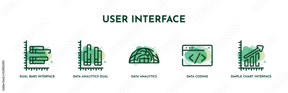 set of 5 thin line user interface icons. outline icons including dual bars interface, data ...