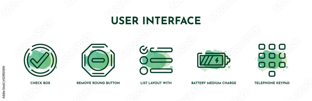 set of 5 thin line user interface icons. outline icons including check box, remove round button ...