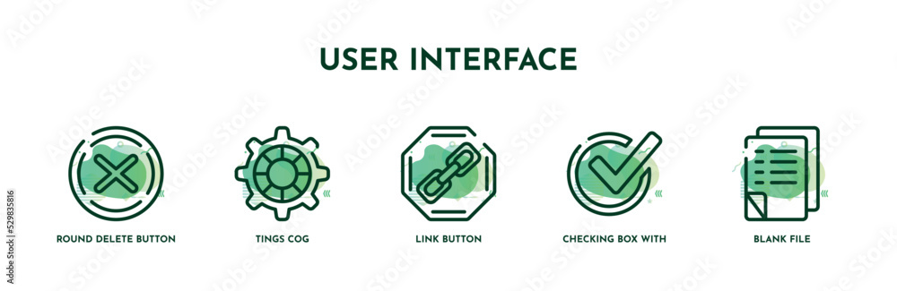 set of 5 thin line user interface icons. outline icons including round delete button, tings cog ...