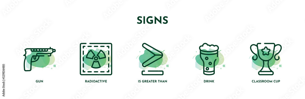 set of 5 thin line signs icons. outline icons including gun ...