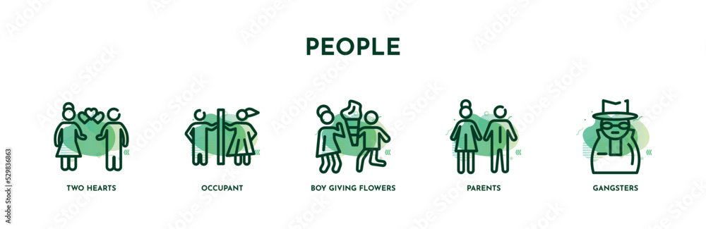 set of 5 thin line people icons. outline icons including two hearts ...