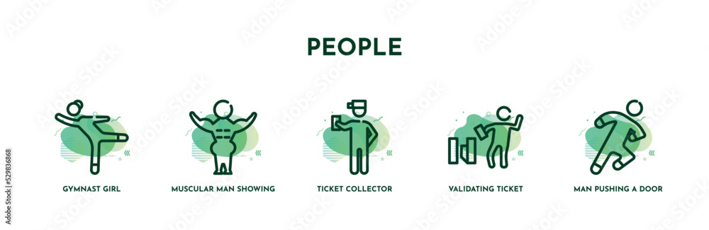 set of 5 thin line people icons. outline icons including gymnast girl ...