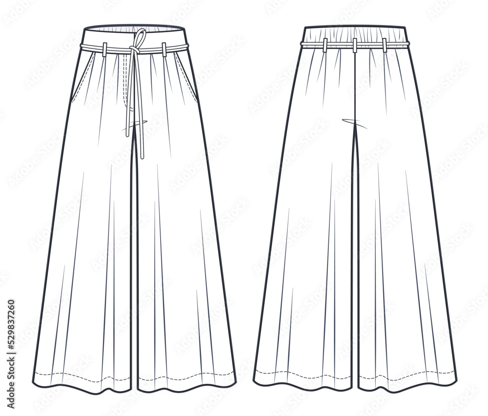 Palazzo Pants fashion flat technical drawing template. Women's Flared ...