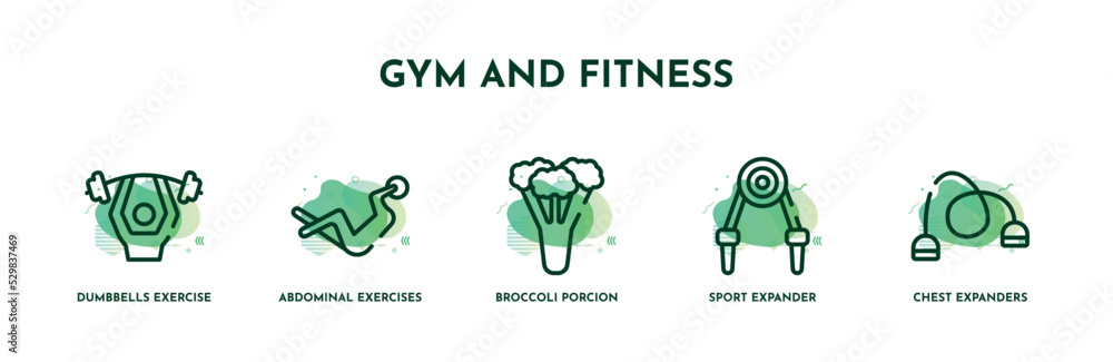 set of 5 thin line gym and fitness icons. outline icons including ...