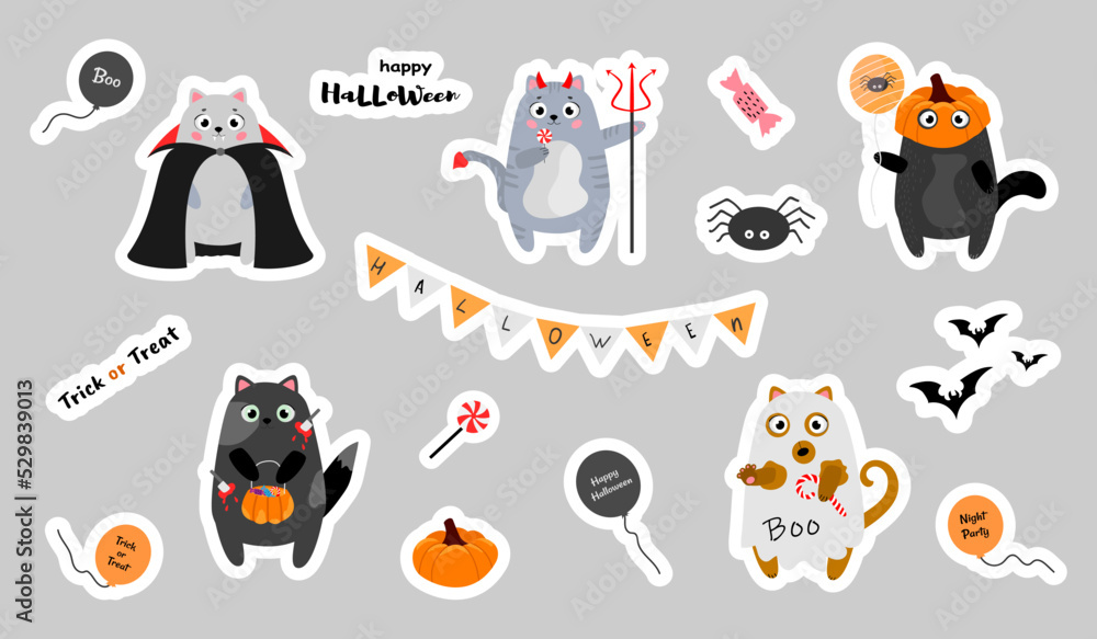 Big set of Halloween stickers. Vector set of Halloween cats. Cute cats ...