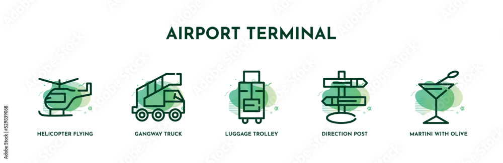 set of 5 thin line airport terminal icons. outline icons including ...