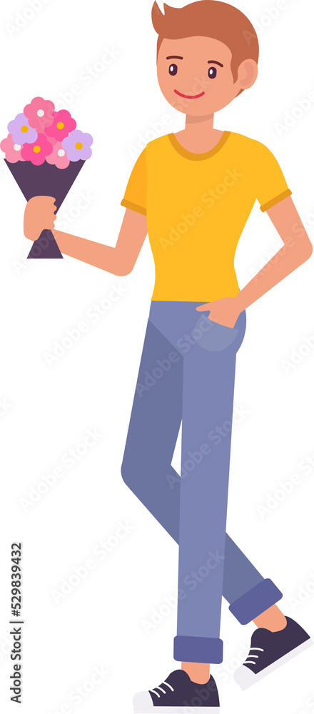 Cute cartoon people male man character holding flower bouquet Stock ...