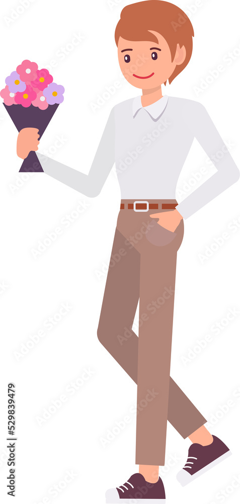 Cute cartoon people male man character holding flower bouquet Stock ...