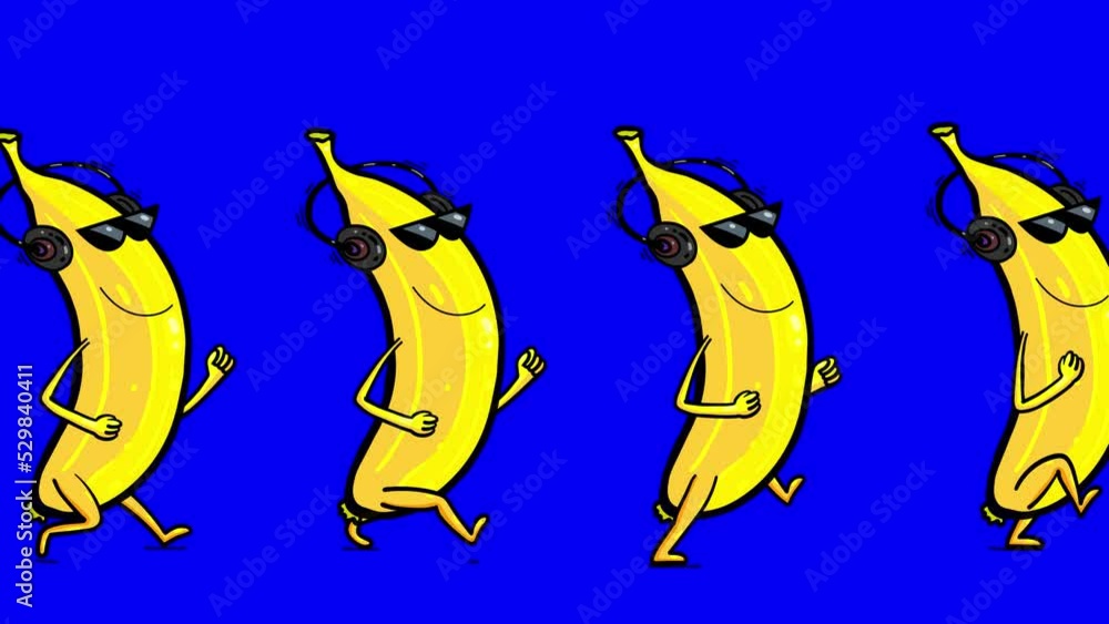 Vidéo Stock Cartoon character yellow bananas with headphones walking on ...