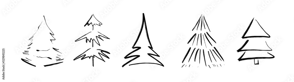 Christmas tree hand drawn line illustration, outline drawing isolated ...